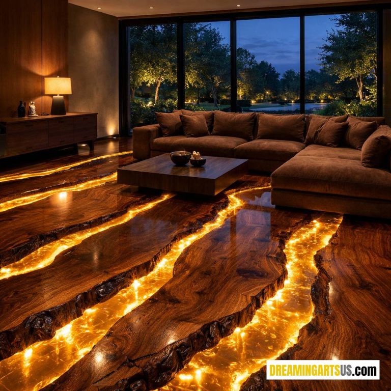 Flowing Gold Epoxy Floors with Live-Edge Wood Slabs