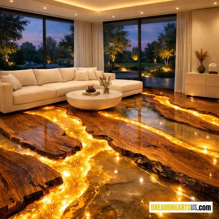 Flowing Gold Epoxy Floors with Live-Edge Wood Slabs