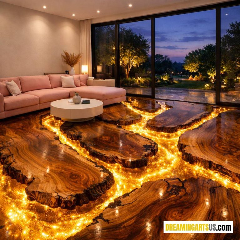 Flowing Gold Epoxy Floors with Live-Edge Wood Slabs