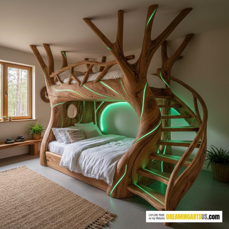 Tree Trunk Bunk Bed with Stairs and LED Lighting