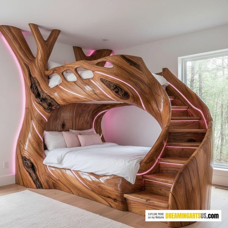 Tree Trunk Bunk Bed with Stairs and LED Lighting