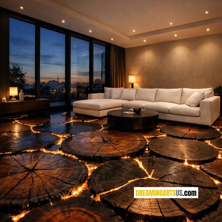 Burned Wood Disc Flooring with LED Epoxy Accents